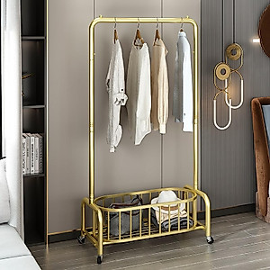 KDFWYDS Metal Coat Rack Stand with Basket Free Standing Garment Rail with 360° Wheels Clothes Rack for Hall, Entryway, Bathroom and Living Room (Color : Gold, Size : 60cm)