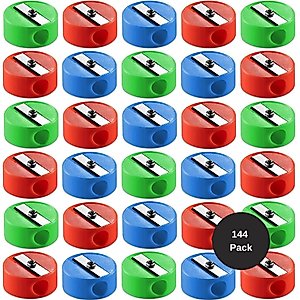 Pencil Sharpeners in Bulk - Pack of 144 Pocket Sized Mini Handheld Pencil Sharpener for Kids, Plastic and Colorful for Party Favors, Goodie Bags, Classroom Prizes and School Supplies by Bedwina