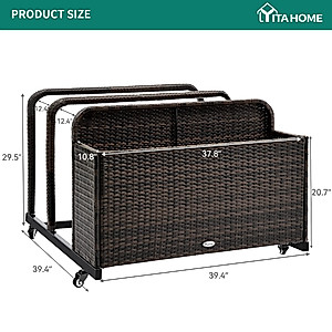 YITAHOME Outdoor Wicker Patio Poolside Float Storage, PE Rattan Rolling Pool Float Caddy for cushions, Floaties, Noodles, Life Vests, Beach Balls, Toys, Patio Furniture (Brown)