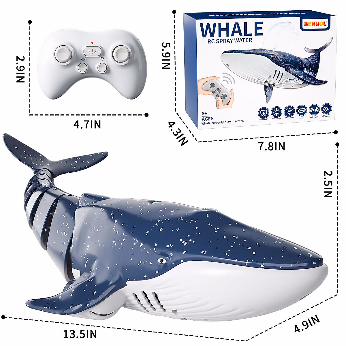 2.4Ghz Remote Control Whale Shark Toys for Boys Kids, 1:18 Scale High Simulation Whale Shark for Pool, Electric RC Whale Shark Fish Toys with Light & Spray Water Function for 4 5 6 7 8 9 Year olds Kid