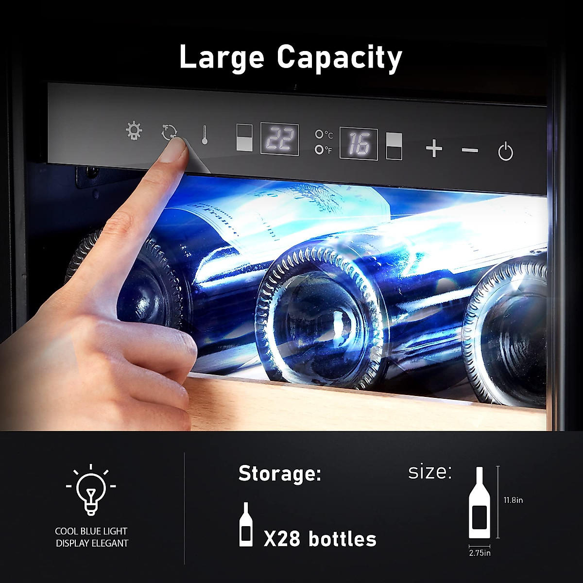 WINEBOSS 15" Wine Cooler Refrigerator, 28 Bottle Seamless Stainless Steel Built-in Freestanding Wine Fridge Double-Layer Tempered Glass Door with Lock, Under Counter Wine Cellar