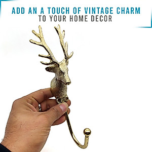 5MOONSUN5 Vintage Deer Head Coat Hook, Heavy Duty Antique Brass, Wall Mounted Animal Collection Deer Single Coat Hook Clothes Rack Wall Hanger, Polish Finish