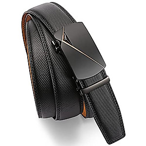 SENDEFN Leather Belt for Men Automatic Ratchet Buckle Slide Dress Casual Belts 1 3/8'' Wide Adjustable Trim to Fit(Black-47)