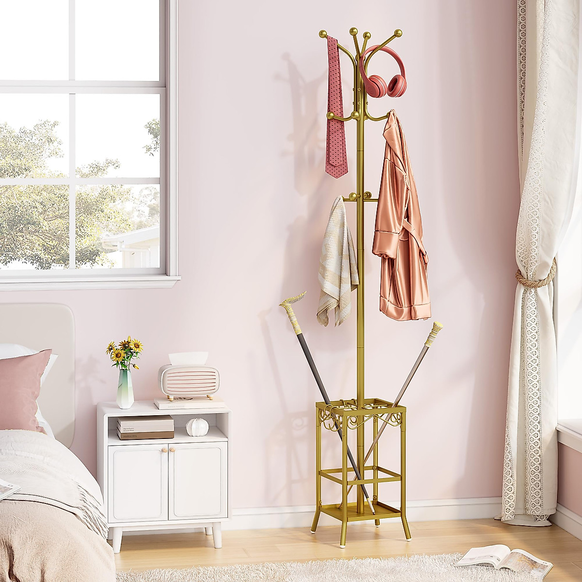 Hoctieon Coat Rack Freestanding, Coat Hanger Stand,Umbrella Holder, Hall Tree With 12 Hooks, Standing Coat Rack,Floor Standing Metal Umbrella Tree Stand, Gold