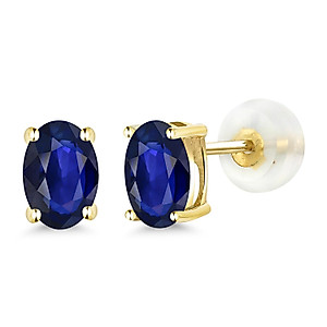 Gem Stone King 14K Yellow Gold Oval Blue Sapphire Stud Earrings | 0.90 Cttw | Gemstone September Birthstone | Oval 6X4MM | Gold Earrings For Women