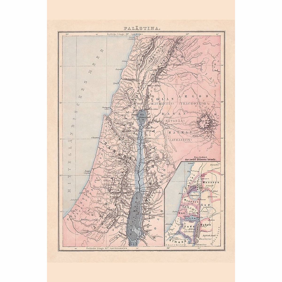 Palestine Antique Map German Language Poster Twelve Tribes of Israel Historical Middle East Geography Map Cool Wall Art Print Poster 12x18