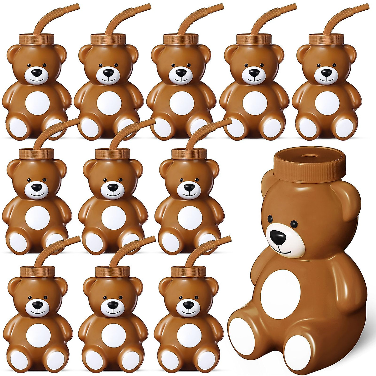 Maxdot 12 Pieces Baby Shower Birthday Party Favor Gift Supplies Bear Cups with Straws,10 oz Plastic Bear Shape Cup Reusable Creative Cups Bulk for Baby Shower Birthday Gift Wedding Party Favors(Brown)