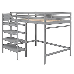 Bellemave Full Size Loft Bed with Stairs, Wood Loft Bed Frame with Storage Shelves and Hanging Rod Gray Loft Beds for Kids Boys Girls Adults Teens Dorm Bedroom