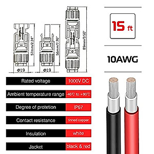 KEDAKEJI 10 Gauge 10 AWG One Pair 15 Feet Black + 15 Feet Red Solar Panel Extension Cable Wire Solar Connectors