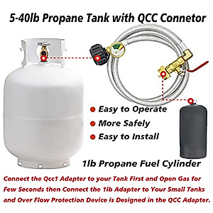 GardenNow Upgraded 48" Stainless Braided QCC1 Type Inlet Propane Refill Adapter Hose Extension Propane Refill Hose with Gauge ON/Off Control Valve for 1LB Propane Gas Tank 350PSI High Pressure Camping