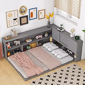 anwickjeff Full Size Floor Bed with L-Shaped Bookcases and Sliding Doors,Wood Platform Bed Frame Corner Bed for Kids,Teens Grey