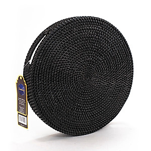 Rattan Round Serving Tray, Hand Woven Serving Basket with Cut - Out Handles, Wicker Fruit/Bread Serving Basket, 14.17 Inch (Black, Large)