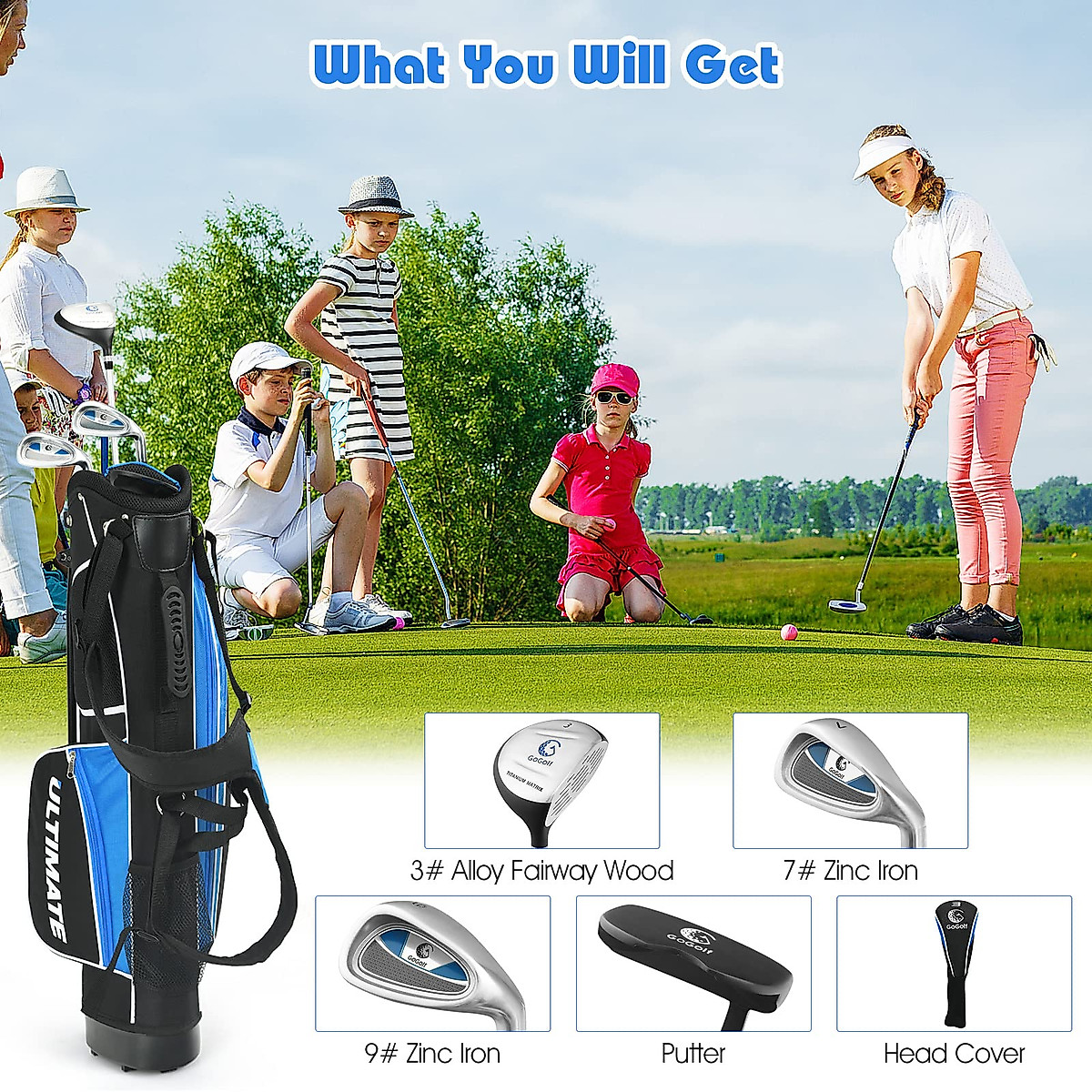 GYMAX Complete Golf Club Set for Kids/Children Right Hand, Includes #3 Fairway Wood &amp; #7 &amp; #9 Irons, Putter, Foamed Head Cover, Portable Youth Golf Club Set (for Age 11-13, Blue)