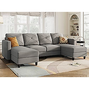 HONBAY U Shaped Sectional Sofa Convertible Couch with Double Chaises 4 Seat Sofa with Ottomans for Living Room, Light Grey