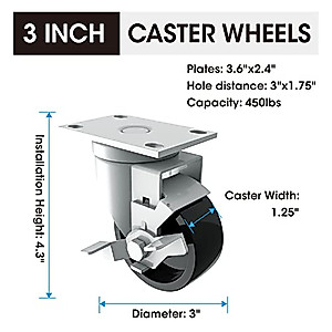 Jack Boss 3 Inch Caster Wheels Swivel (Set of 4) Heavy Duty 360 Degree Swivel Top Plate Castors with Brake No Noise Floor Protection 1800lbs