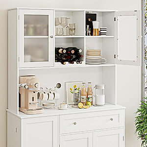 HOSTACK Kitchen Pantry Storage Cabinet, Modern Buffet Cabinet with Hutch, Tall Kitchen Hutch Cabinet with Microwave Stand, Food Pantry Cabinet with Doors and Shelves | Wine Rack for Dining Room, White