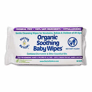 Doctor Butler's Organic Baby Wipes - Hypoallergenic & Unscented Baby Wipes, Safe for Baby Sensitive Skin Care, Made with Chamomile & Essential Oils (1pk – 60 Wipes)