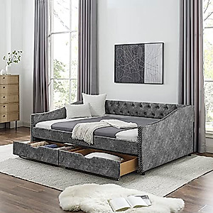 EMKK Full Size Daybed with Drawers Upholstered Tufted Sofa Bed, with Button on Back and Copper Nail on Waved Shape Arms,Storage Platform Bed for Kids Teens and Adults