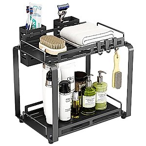 junyuan Large Bathroom Organizer Countertop,2 Tiered Bathroom Organizer Shelves with Toothbrush Holders,Bathroom Counter Storage Rack with Basket and Hooks Metal Black