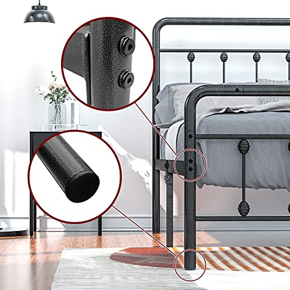 Noillats Metal Queen Bed Frame, Vintage Headboard and Footboard, Sturdy Steel Strip Support Mattress Base, No Box Spring Required, Easy to Assemble, Steel Grey