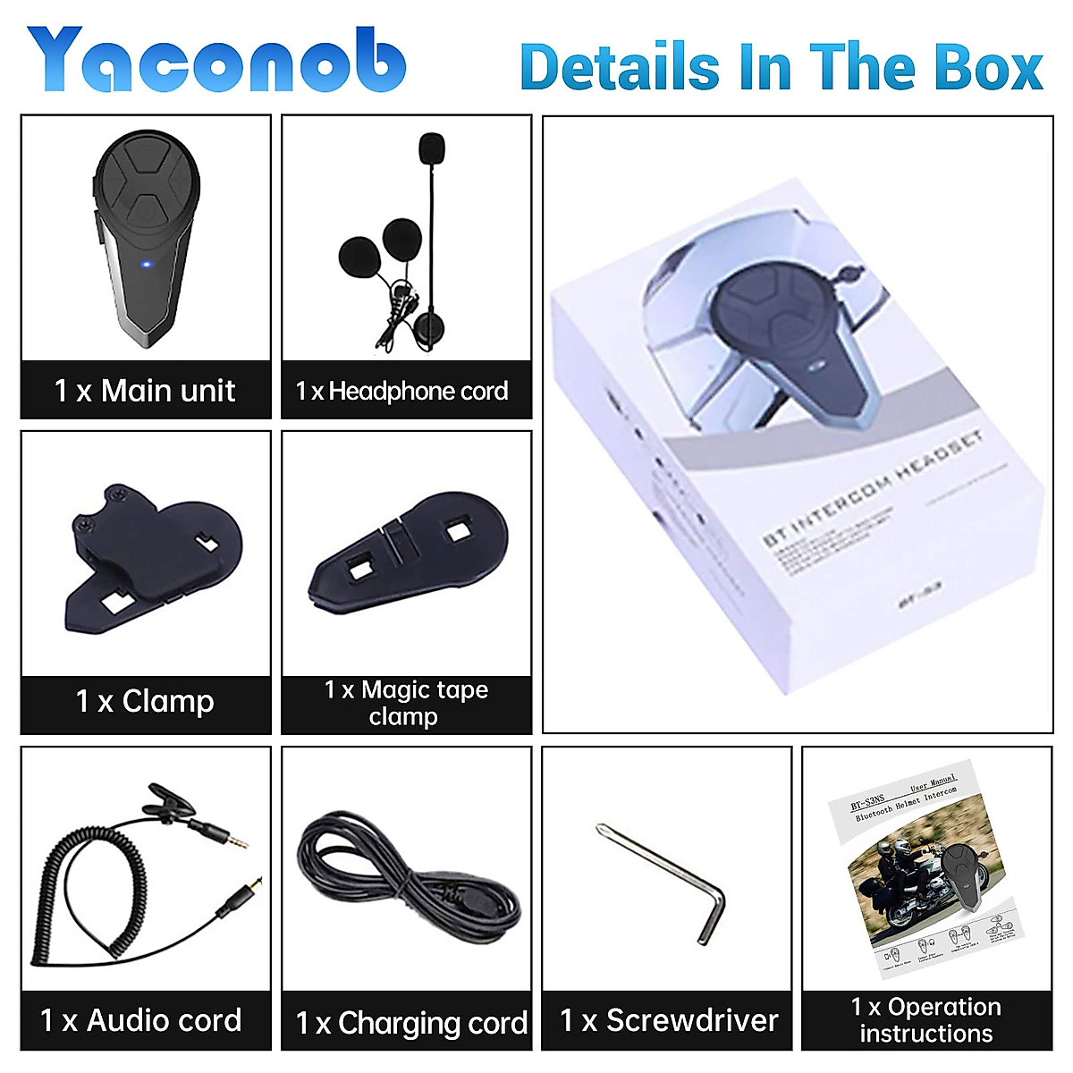 Yaconob Motorcycle Bluetooth Headset BT-S3NS 1000m Motorcycle Helmet Bluetooth Radio Intercom Wireless Interphone to 2-3 Riders (Waterproof/Handsfree/Stereo Music/FM Radio/GPS/MP3 (1 Pack)