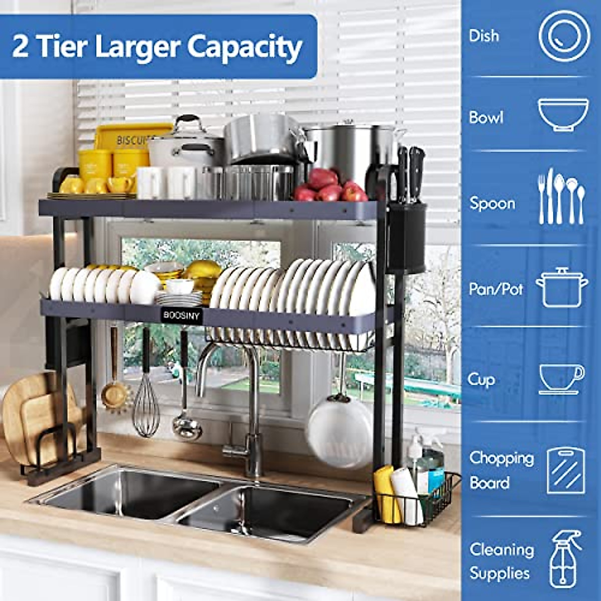 BOOSINY Over The Sink Dish Drying Rack, 2 Tier Stainless Steel Large Adjustable Kitchen Dish Drainer, Home Storage Organizer Shelf Above Counter with 6 Hooks