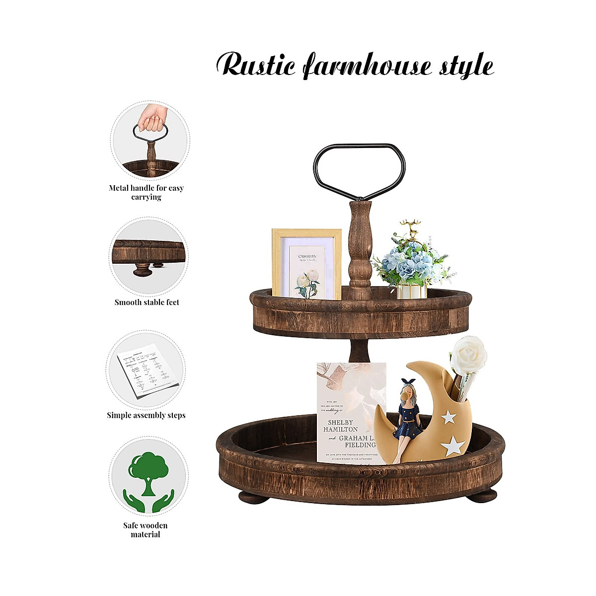 Tiered Tray Decor, Farmhouse Tiered Tray Round Brown Wooden Rustic Ornaments, Two Tiered Tray for Coffee Plate Cakes Dessert Fruit Platters