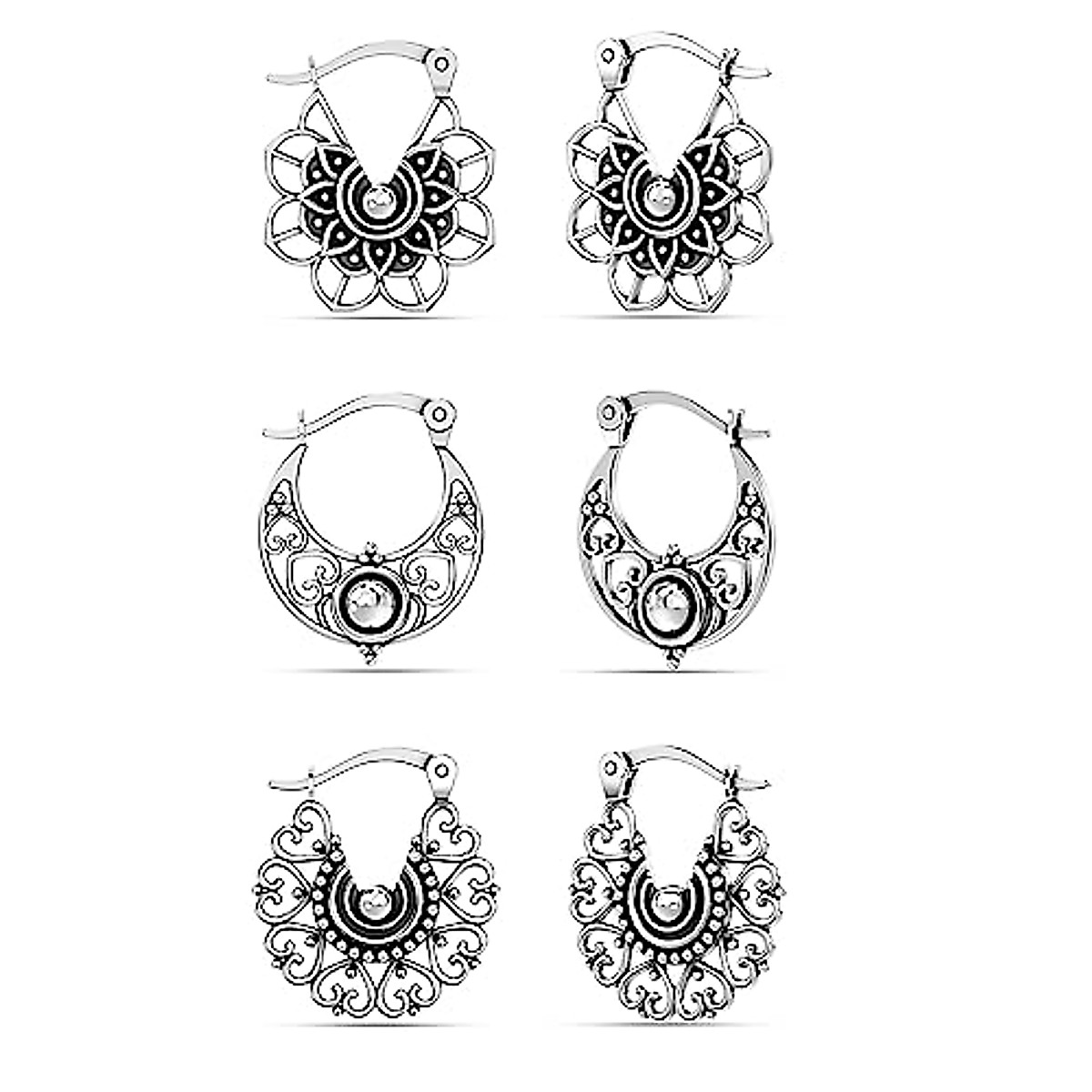 LeCalla 925 Sterling Silver Hoop Earrings Set of 3 Pair Hypoallergenic Antique Small Filigree Hoop Earrings for Women Teen and Men 15MM