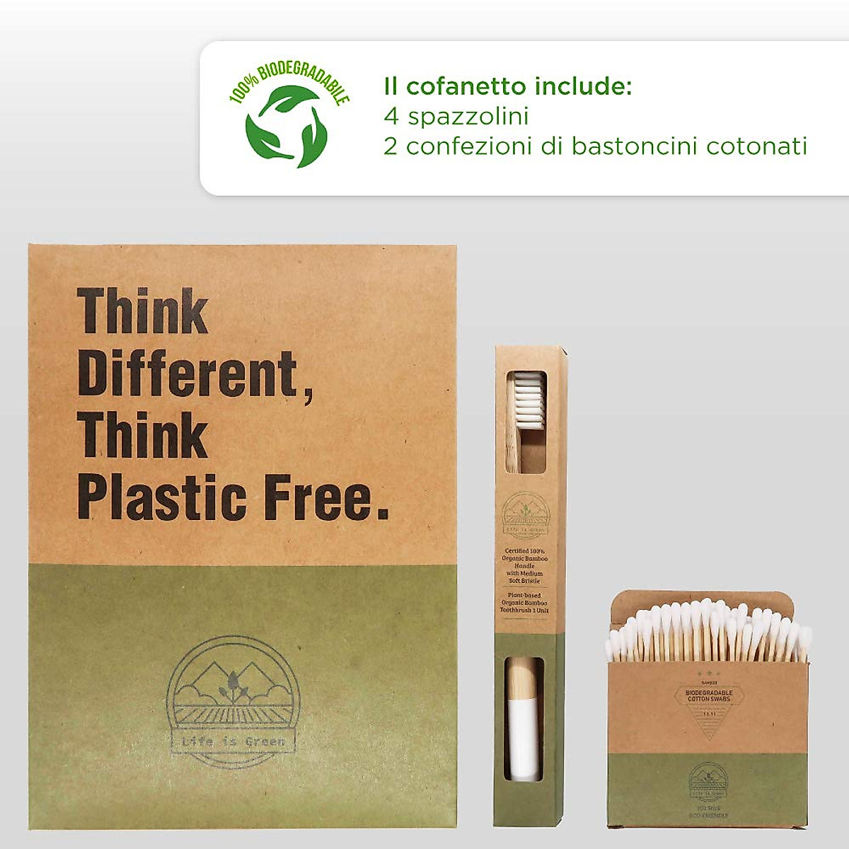 Eco Friendly and Biodegradable Bamboo Toothbrush Water Resistant | Plastic Free Round Handle | Antiseptic Medium Hard Bristles BPA-Free | Natural | Set of Toothbrushes | 200 Bamboo Cotton Swabs FREE
