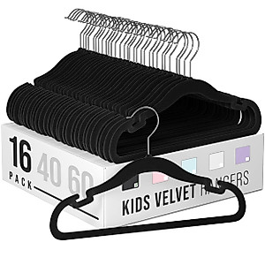 Velvet Baby Hangers for Clothes - Heavy Duty Non Slip Velvet Kids Hangers Or Toddler Hangers for Closet | Ultra Thin Design Kid Hangers for Space Saving - Ganchos De Ropa para Bebe (16 Pack Black)