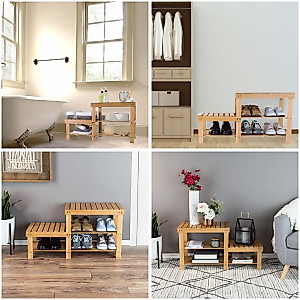Lavish Home Bamboo Shoe Rack Bench with 2 Tiers of Shelves and 2 Seat Heights-Seat Storage and Organization-For Bedroom, Entryway, Hallway, Closets