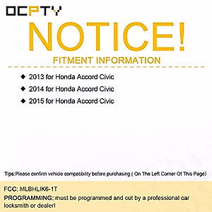 OCPTY 1X Uncut Keyless Entry Remote Control Key Fob Transmitter Replacement for Honda for Accord for Civic 1.8L 2.4L 13-15 MLBHLIK6-1T