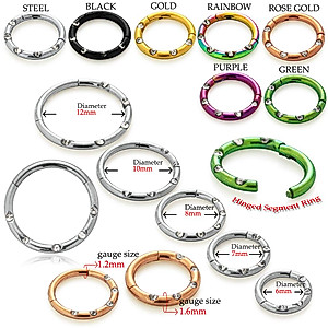 16 Gauge - 7MM Diameter Black Anodized Surgical Steel 5 Crystal Stones Paved Hinged Segment Nose Ring Septum Piercing