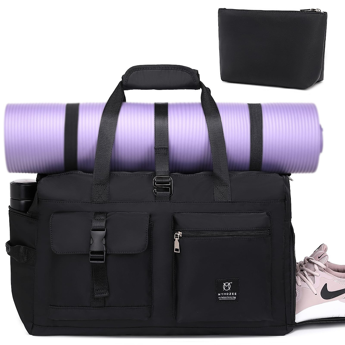 Gym Bag for Women and Men, MYHOZEE Travel Duffel Bag Weekender Overnight Bag with Wet Pocket and Shoes Compartment, Waterproof Sports Tote Swimming Yoga Bags Black