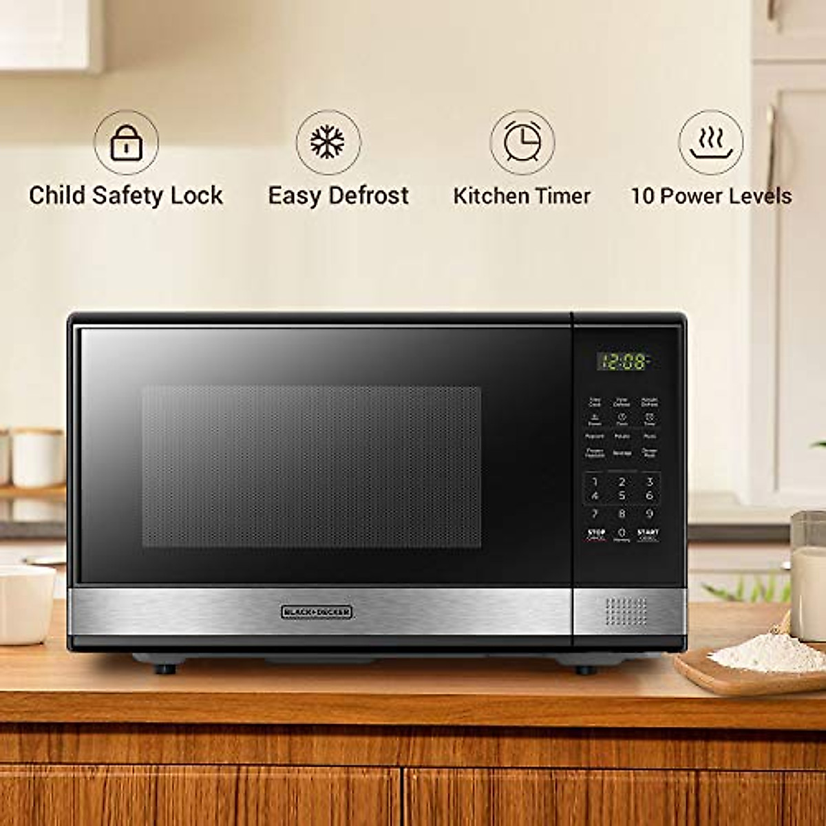 BLACK+DECKER EM031MB11 Digital Microwave Oven with Turntable Push-Button Door, Child Safety Lock, 1000W, 1.1cu.ft, Black & Stainless Steel, 1.1 Cu.ft