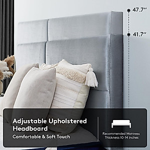 Zeelovtress Queen Size Bed Frame with Adjustable Headboard, Upholstered Platform Bed, Velvet Bedframe Mattress Foundation, Strong Wooden Slat Support, Easy Assembly, No Box Spring Needed, Silver Grey
