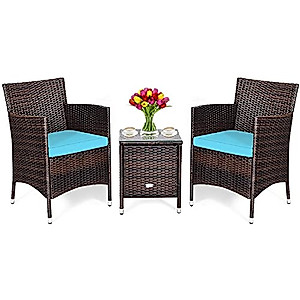 HAPPYGRILL 3-Pieces Patio Furniture Set Outdoor Rattan Wicker Conversation Set with Coffee Table Chairs & Cushions for Patio Garden Lawn Backyard Poolside