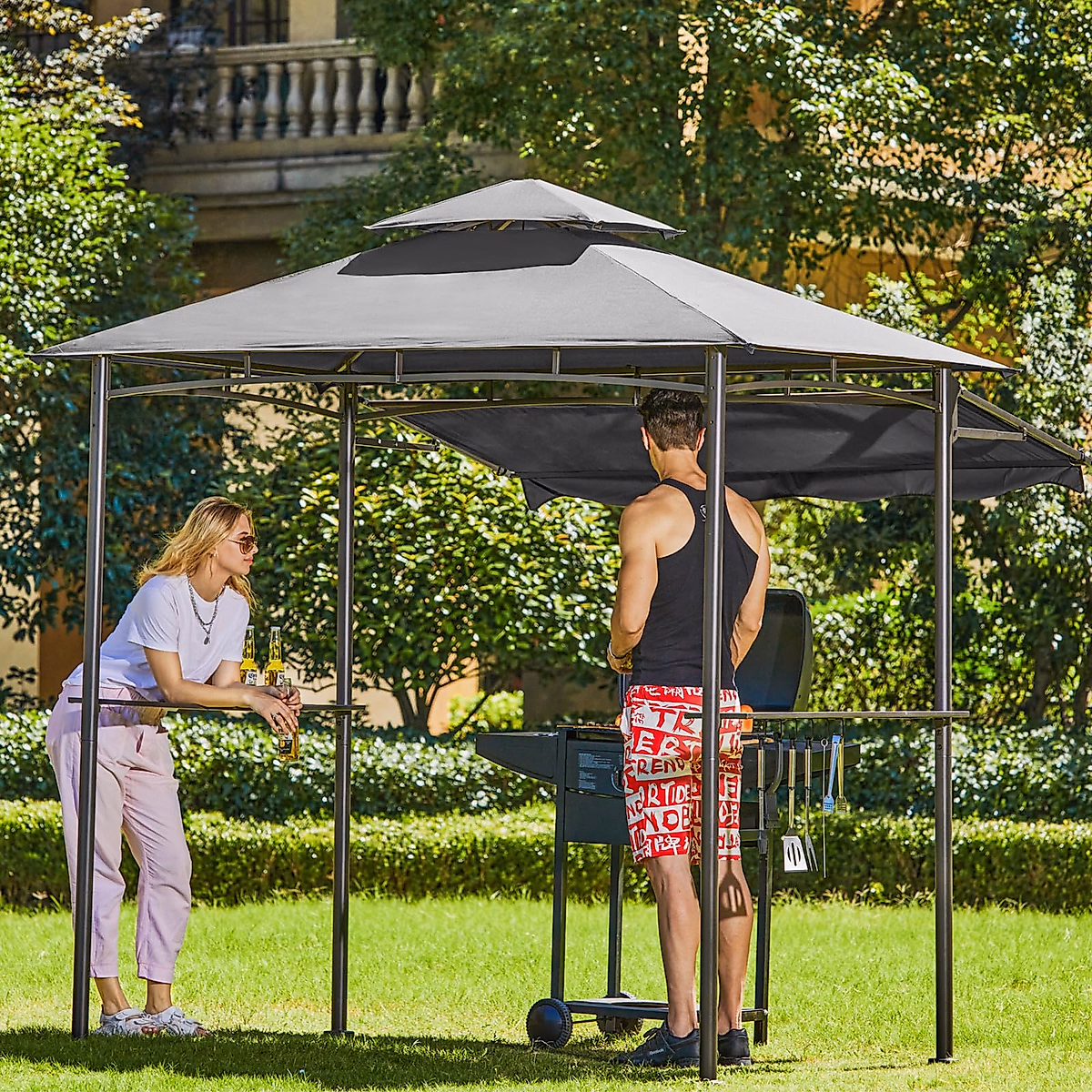 CHARMELEON Double Tiered Grill Gazebo 5x8, Outdoor BBQ Patio Canopy Tent with Stretchable Side Awning (Light Grey)