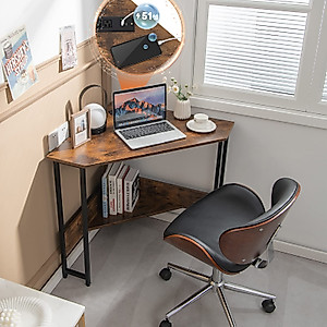 GLOBALWAY Corner Desk with Charging Station & USB Port, 90-degree Triangle Computer Workstation w/Storage Shelf, Metal Frame, Space-saving Laptop PC Desk for Small Space, Home Office (Rustic Brown)