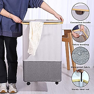 Large Laundry Hamper with Lid - Collapsible Laundry Baskets with Wheels and Removable Laundry Bag, 105L Capacity Dirty Clothes Hampers with Handles for Living Room, Bedroom, Laundry Room, Beige+Grey