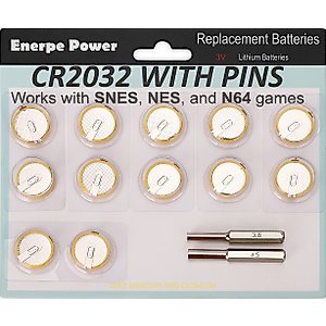 Enerpe CR2032 with Solder Pins 3V Replacement Battery for NES SNES N64 Save Game Cartridge 12-pack
