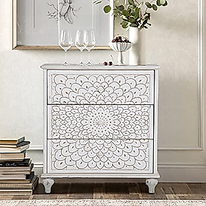 Sophia & William Accent Storage Cabinet with 3 Drawers Distressed Storage Chest with Carved Finch Feather Pattern for Entryway Living Room Bedroom