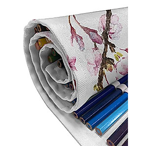 Ambesonne Cherry Blossom Roll Up Pencil Holder, Watercolor Style Oriental Pattern with Sakura Branch, Painting Drawing Pencils Case for Artists Students, 72 Loops, Hot Pink Green Brown