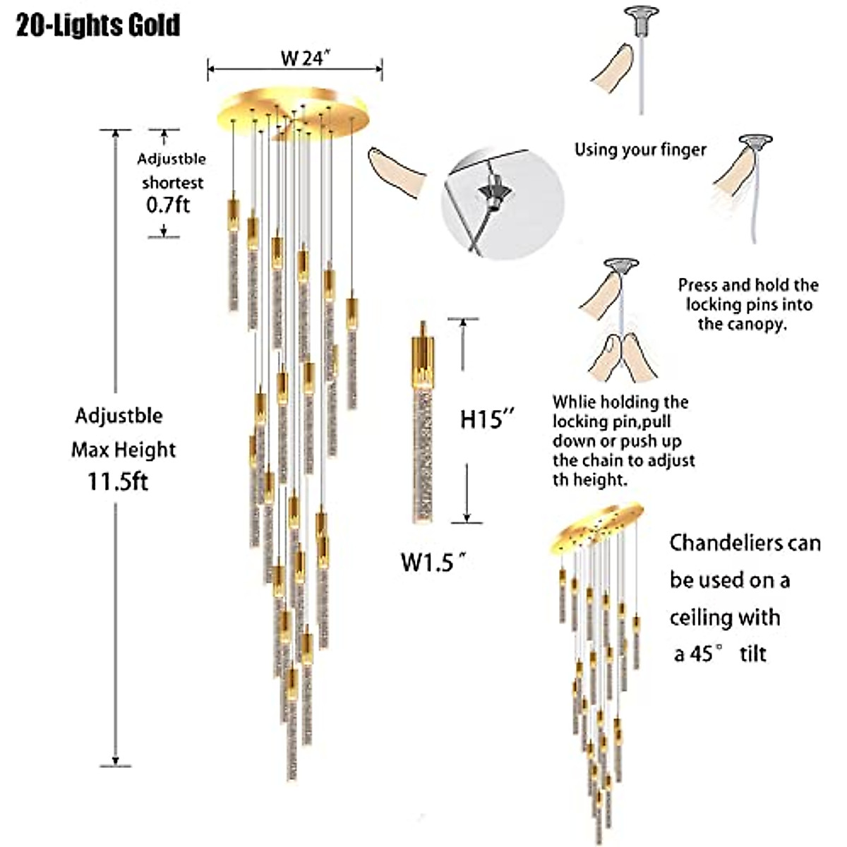 Flashing God H-11.5feet Staircase Crystal Chandeliers Modern 20-Lights Foyer Entrway Long Pendant Chandeliers High Ceiling Crystal Chandeliers with LED Dimmable 3000-6000K Lighting Fixture