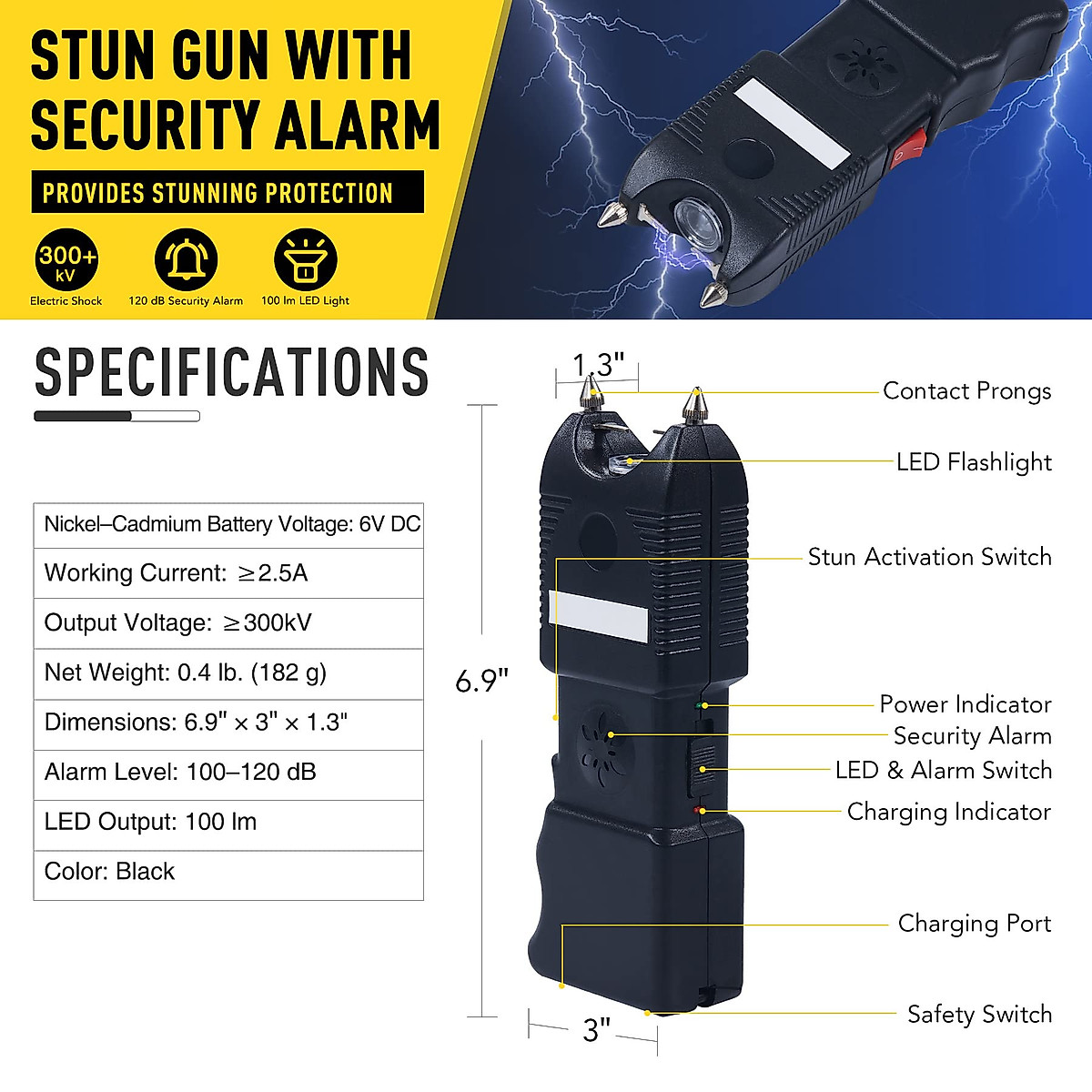 DARTMOOR Stun Gun Self Defense with 100lm Tactical Flashlight 120db Alarm Custom Holster & Ultra Powerful Rechargeable Phone Size for Men Women & Lanyard, Black