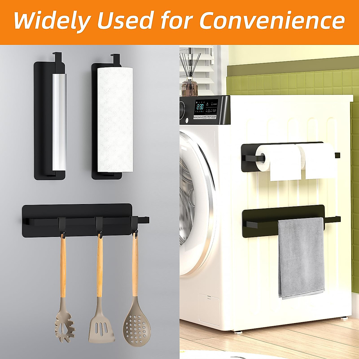 Mamajardin 5 Pack Magnetic Spice Rack for Refrigerator with Paper Towel Holde, Metal Spice Rack Organizers with 4 Moveable Hooks, Black Magnetic Shelf for Fridge Storage, Perfect Gifts