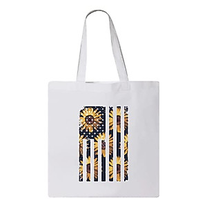 SUNFLOWER US FLAG DESIGN, Reusable Tote Bag, Lightweight Grocery Shopping Cloth Bag, 13” x 14” with 20” Handles