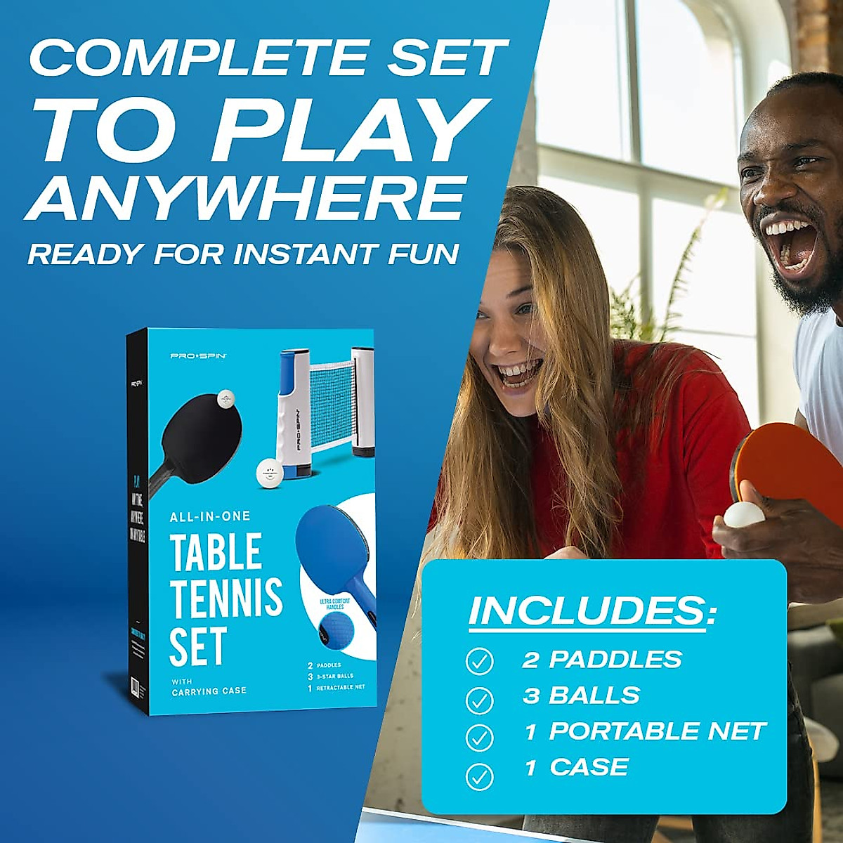 PRO SPIN All-in-One Portable Ping Pong Paddle Set | Ultra-Comfort Paddles | Table Tennis Set | Retractable Ping Pong Net (Up to 72" Wide) | 3-Star Balls | Storage Case | Game Table | Gift