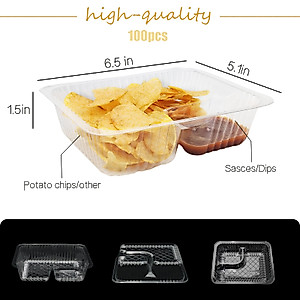 AHKUNMT 100 PC Nacho Trays Disposable, 12oz Plastic Nacho Containers with Chip and Dip Holder, 6x5 In 2 Compartments Clear Snack Trays for Kids,Parties, Movie Night Supplies (Plastic-100pc)
