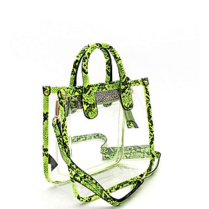 Stadium Approved Vegan Leather Snake Print Small Large Clear Tote Bag Purse (Small 2 Way Tote - Neon Yellow)